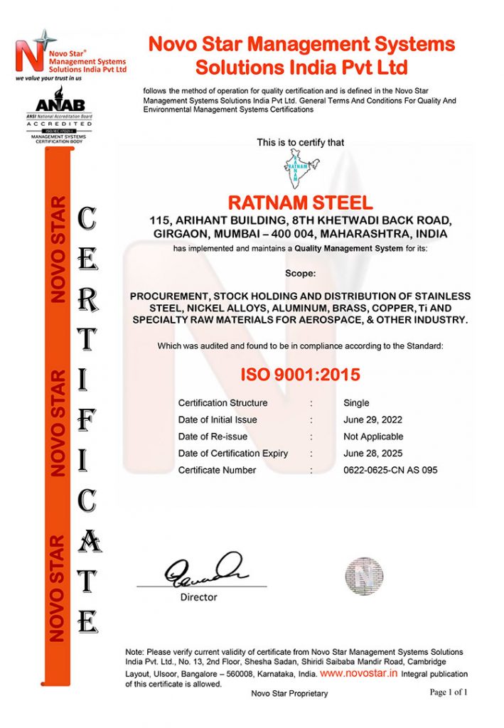 certificate | Ratnam Steel